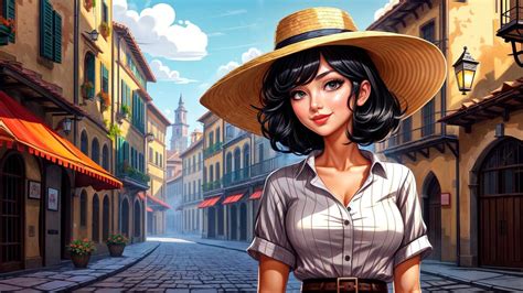 Черноволосая девушка а шляпе на улице старого города · бесплатная фотография от Danastr