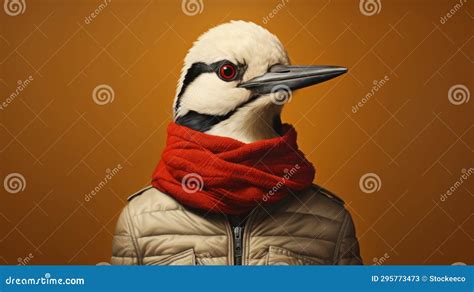 Hyper Realistic Woodpecker Portrait In White Roll Neck Sweater Stock