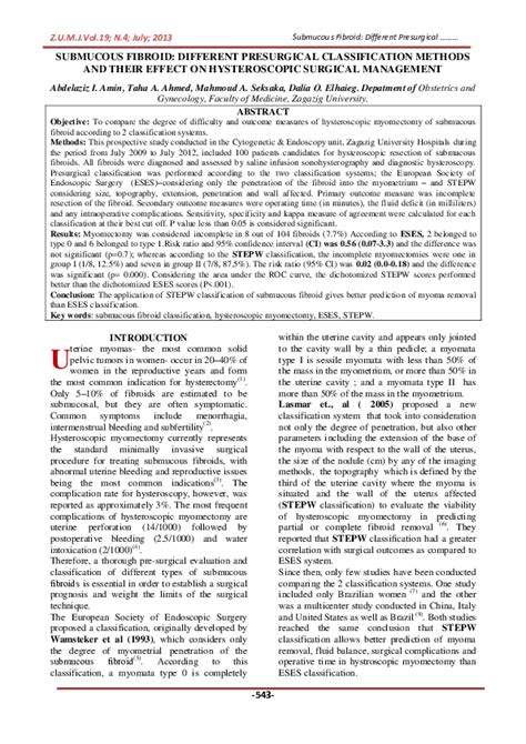 Pdf Submucous Fibroid Different Presurgical Classification Methods