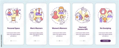 Social Etiquette Onboarding Mobile App Screen Rules Of Behavior Walkthrough 5 Steps Graphic