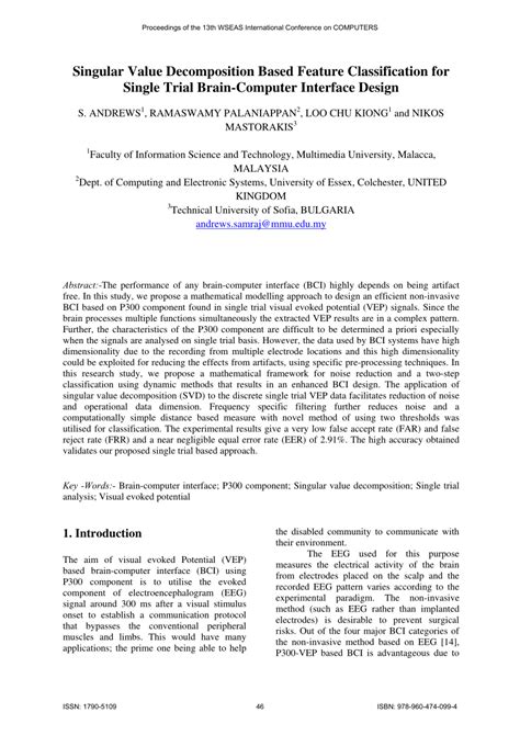 Pdf Singular Value Decomposition Based Feature Classification For Single Trial Brain Computer
