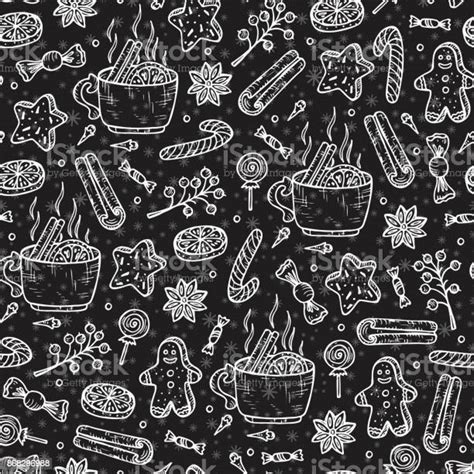 새 해와 크리스마스 완벽 한 패턴입니다 향신료와 크리스마스 진저 쿠키 와인 Mulled 낙서 그려 손 따뜻한 와인입니다