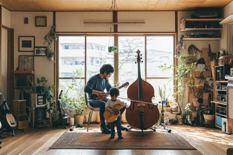 Father And Son Playing Musical Instruments In A Room With Plants And A