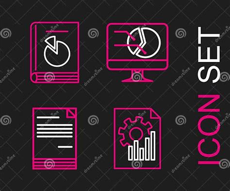 Set Line Document With Graph Chart Computer Monitor And User Manual Icon Vector Stock