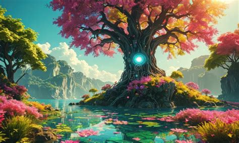 A Painting Of A Tree Surrounded By Pink Flowers And A Lake With Water