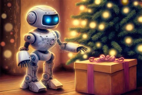 Robot Finds T Box Under A Christmas Tree Decorated With Lights In A