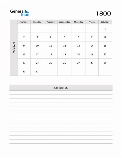 March 1800 Printable Monthly Calendar With Notes