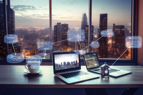 High Tech Desk Surrounded By Screens And Gadgets With The City Skyline