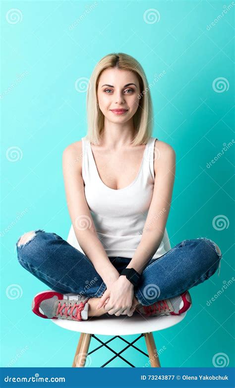 Pretty Blond Girl Is Relaxing On Stool Stock Image Image Of Friendly