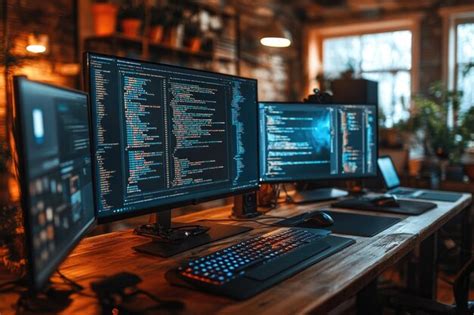 modern programmer desk setup featuring laptop and multiple screens with