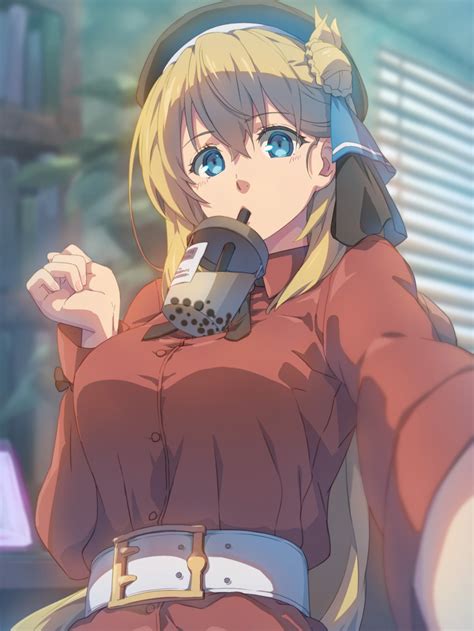 Safebooru 1girl Agnes Claudel Blonde Hair Bolo Tie Breasts Bubble Tea