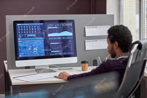 Premium Photo Back View At Male It Engineer Working With Data On Computer Screen At Workplace