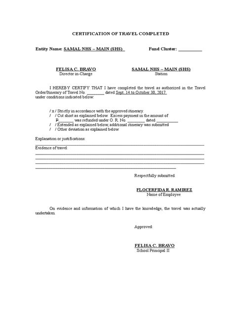 Certification Of Travel Completed Flocerfida R Ramirez Pdf