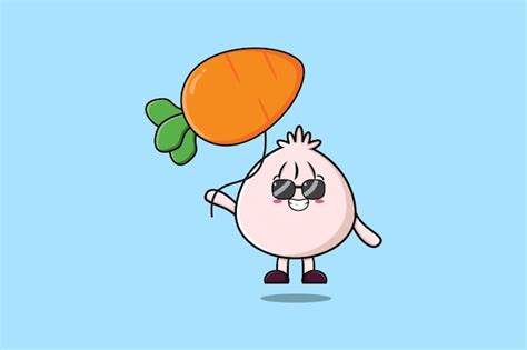 플랫 만화 벡터 아이콘 그림에 당근 풍선과 함께 떠 있는 귀여운 만화 딤섬 프리미엄 벡터