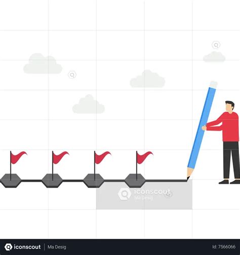 Businessman Using Pencil To Draw Workflow Lines With Milestone Achievement Flags Illustration