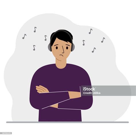 헤드폰을 쓰고 있는 한 남자가 음악을 듣는다 팟 캐스트 및 취미 개념 장식 디자인 및 인쇄를위한 캐릭터 남자에 대한 스톡 벡터