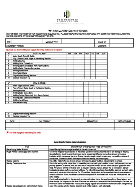 16 Ins She 006 Welding Machine Day Checklist Pdf