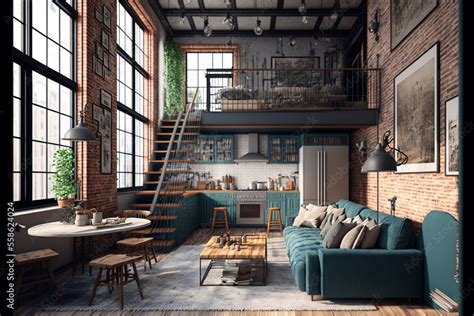 Cozy Spacious Industrial Loft Style Apartment Interior With Exposed