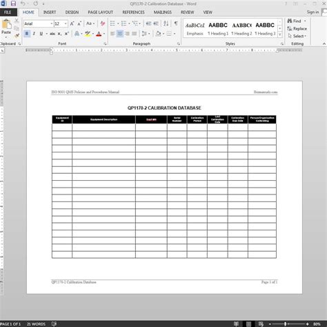 Printable Calibration Form Template