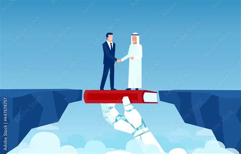 Vector Of A Robot Hand Bridging A Gap With A Book Connecting West And East Parts Of The World