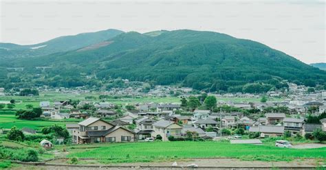 푸른 논과 전통적인 일본 가옥이 있는 시골 풍경의 평온함 멀리 숲이 우거진 언덕과 맑은 하늘은 조화 평화 자연의 아름다움을