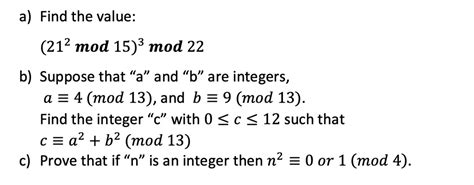 solved a find the value 212 mod 15 3 mod 22 b suppose that a and