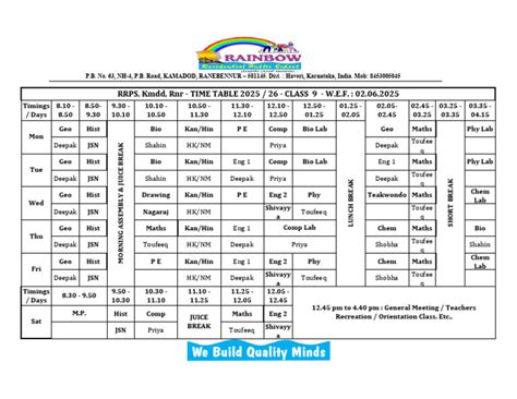 Class 9 Time Table Pdf