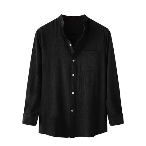 Aimik Mens Cotton Linen Shirts Winter Stand Collar Long Sleeve Solid