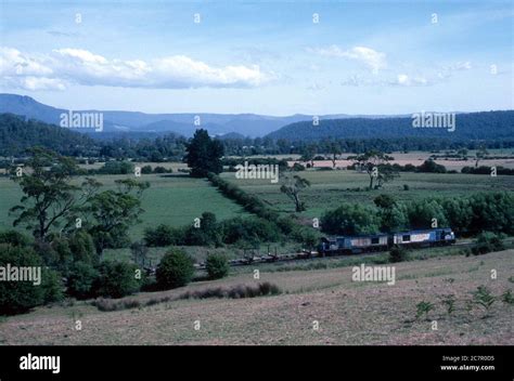 Two Diesel Locomotives Pulling A Log Train Near Deloraine Tasmania