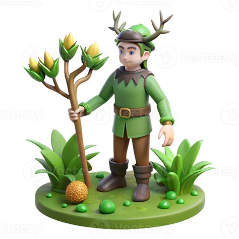Beautiful Traditional 3d Render Green Elf With Plant Authentic 56671747 Png