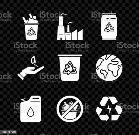 재활용 기호 공장 캔 및 캔 가솔린 캐니스터 쓰레기 배터리 환경 보호 및 아이콘의 새싹 손으로 휴지통을 설정합니다 벡터 개념에 대한 스톡 벡터 아트 및 기타 이미지 Istock