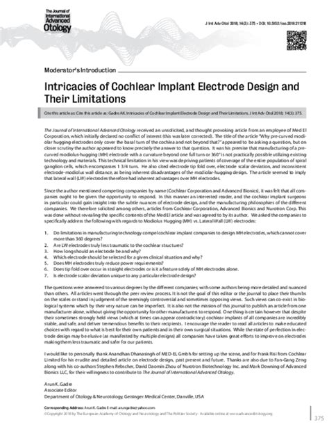 Pdf Intricacies Of Cochlear Implant Electrode Design And Their
