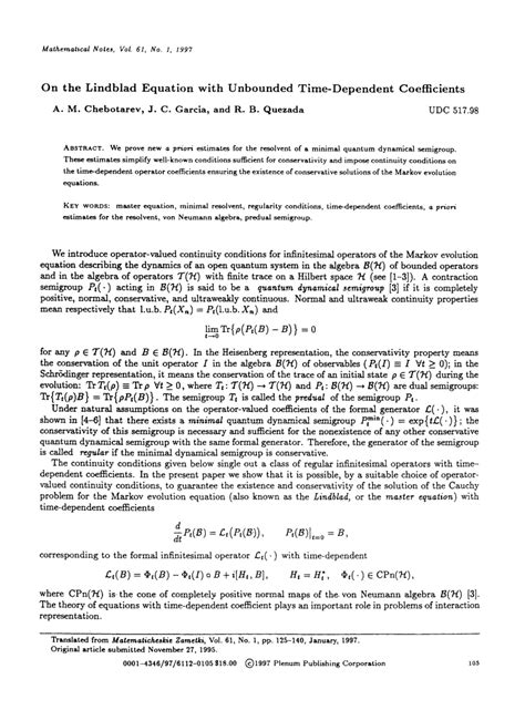 Pdf On The Lindblad Equation With Unbounded Time Dependent Coefficients