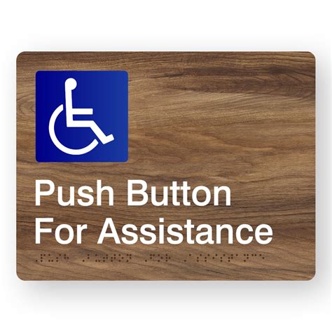 Braille Signage Push Button For Assistance Braille Sign In Mid Tone Woodgrain In Acrylic