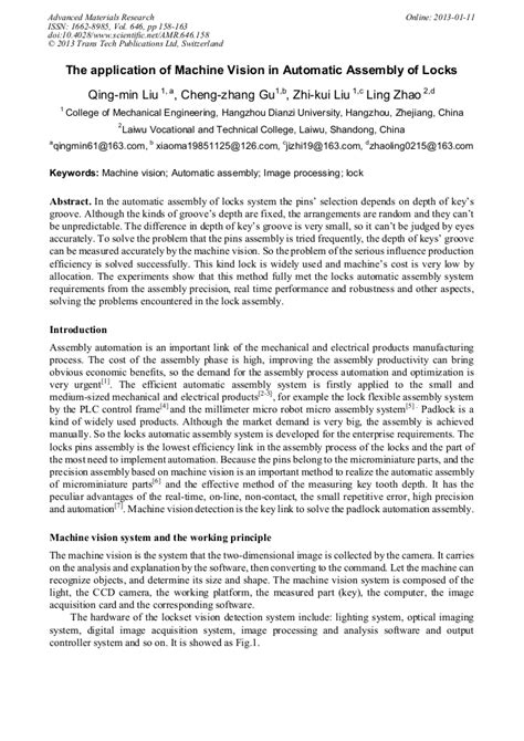 The Application Of Machine Vision In Automatic Assembly Of Locks Scientific Net