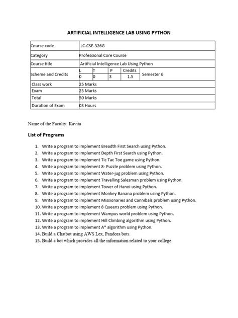 Artificial Intelligence Lab Using Python Experiment List Pdf