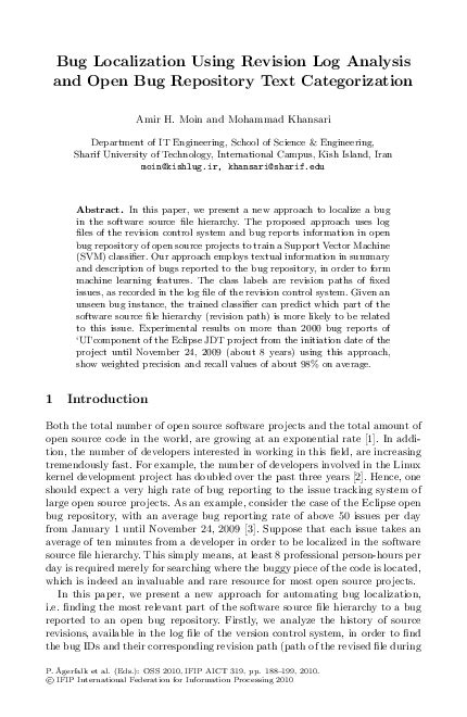 pdf bug localization using revision log analysis and open bug