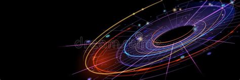 Offset Glowing Ring With Light Grid And Radial Beams On Black Background For Technology