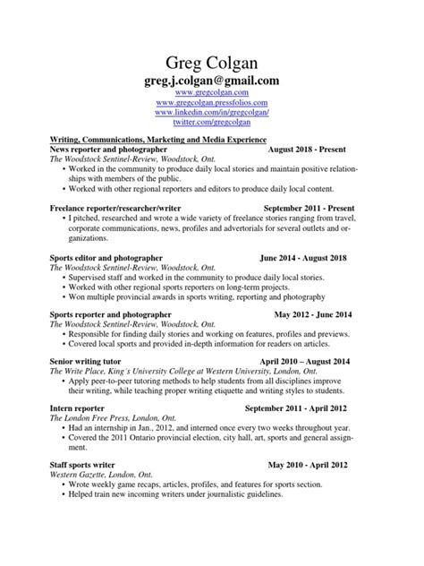 Greg Colgan Resume Pdf Bachelor Of Arts Writers