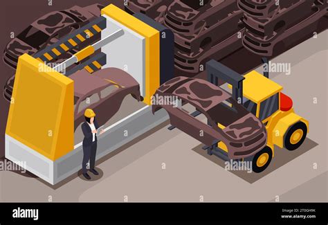 Scrap Metal Background With Automobile Loader Symbols Isometric Vector