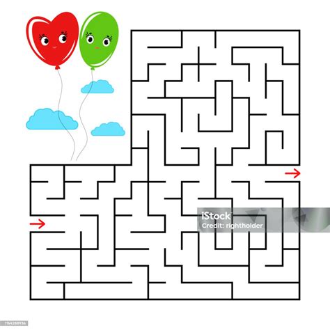 귀여운 색상 만화 캐릭터와 추상 사각형 미로 색깔풍선을 날리고 있습니다 아이들을위한 흥미롭고 유용한 게임 흰색 배경에 격리 된 간단한 평면 벡터 그림입니다 0명에 대한 스톡