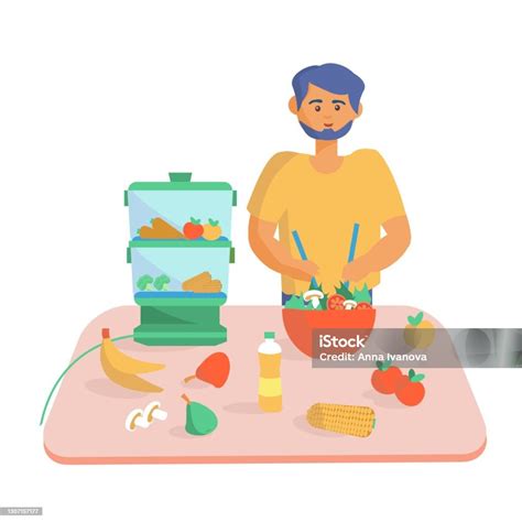 이중 보일러 증기선 만화 일러스트로 집에서 채식요리 와 샐러드를 요리하는 젊은 남자 가정 주방에 대한 스톡 벡터 아트 및 기타