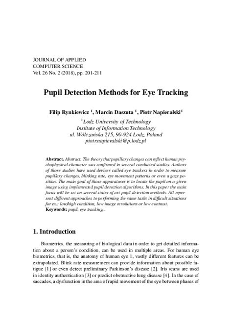 Pdf Pupil Detection Methods For Eye Tracking