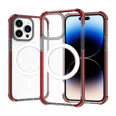 Iphone 14 Pro Max Magsafe 마그네틱 아크릴 충격 방지 전화 케이스 와인 레드