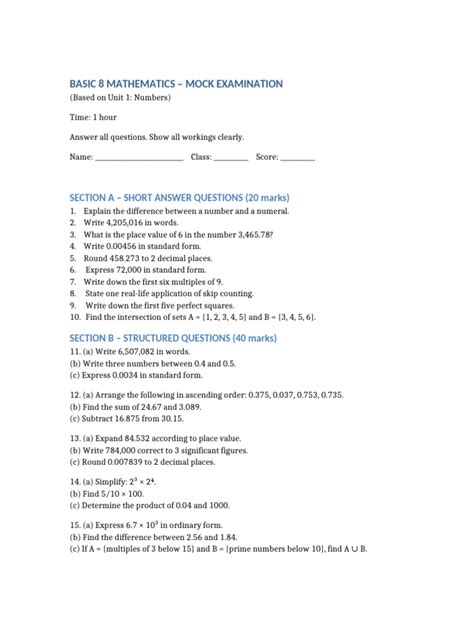 Basic 8 Mathematics Unit Test 1 Pdf