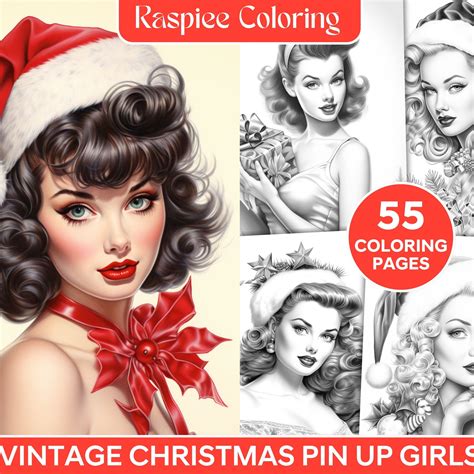 55 Vintage Christmas Pin Up Girls Grayscale Coloring Pages For Adults