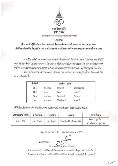 ประกาศราชวิทยาลัยจุฬาภรณ์ รายชื่อผู้มีสิทธิ์สอบสัมภาษณ์การให้ทุนการศึกษาสำหรับพยาบาล อาจารย์
