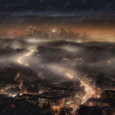 Premium Photo Foggy Cityscape With A View Of A City At Night
