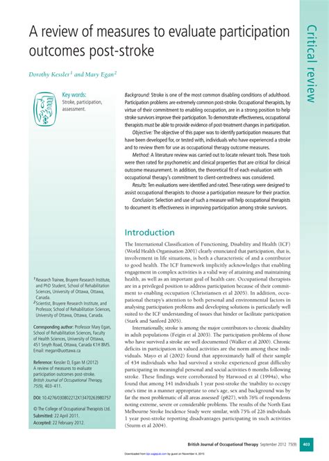 Pdf A Review Of Measures To Evaluate Participation Outcomes Post Stroke