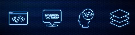 設定線前端開發 Web 和圖形設計和層磚牆上發光的霓虹燈圖示向量向量圖形及更多互聯網圖片 互聯網 健保和醫療 光 Istock